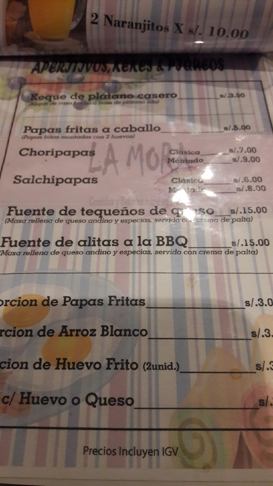 Menu at Picaroneria La Mora restaurant, Huancayo