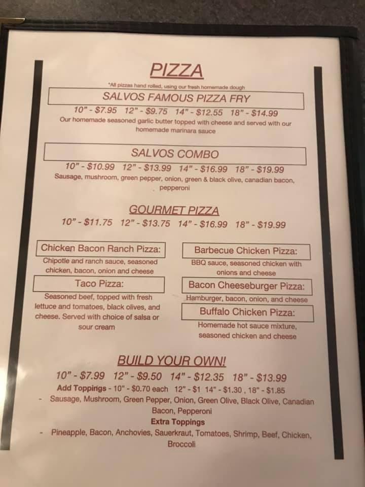 Menu at Salvo's pizzeria, Merrill