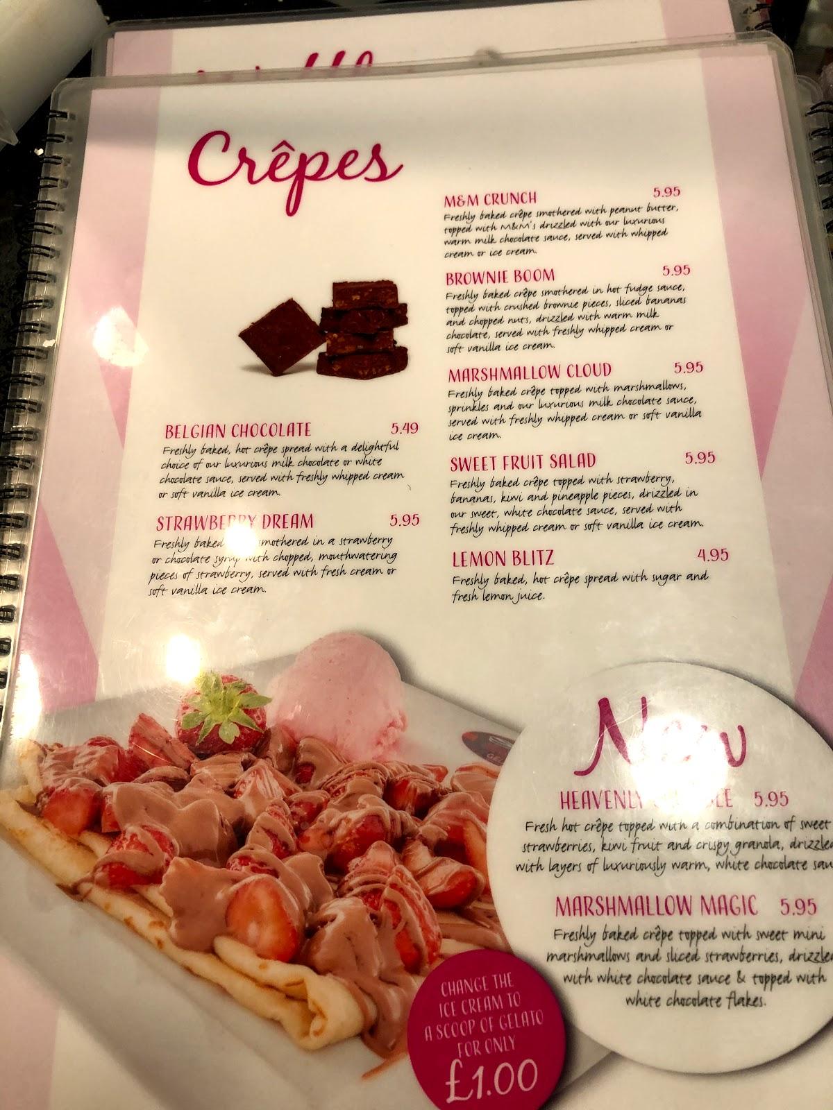 Menu at Sundaes Gelato cafe, Norwich