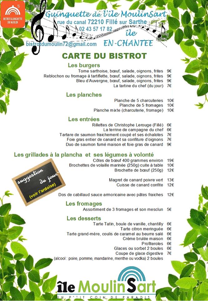 Menu au Bistrot du Moulin restaurant, Fillé, Ile MoulinSart