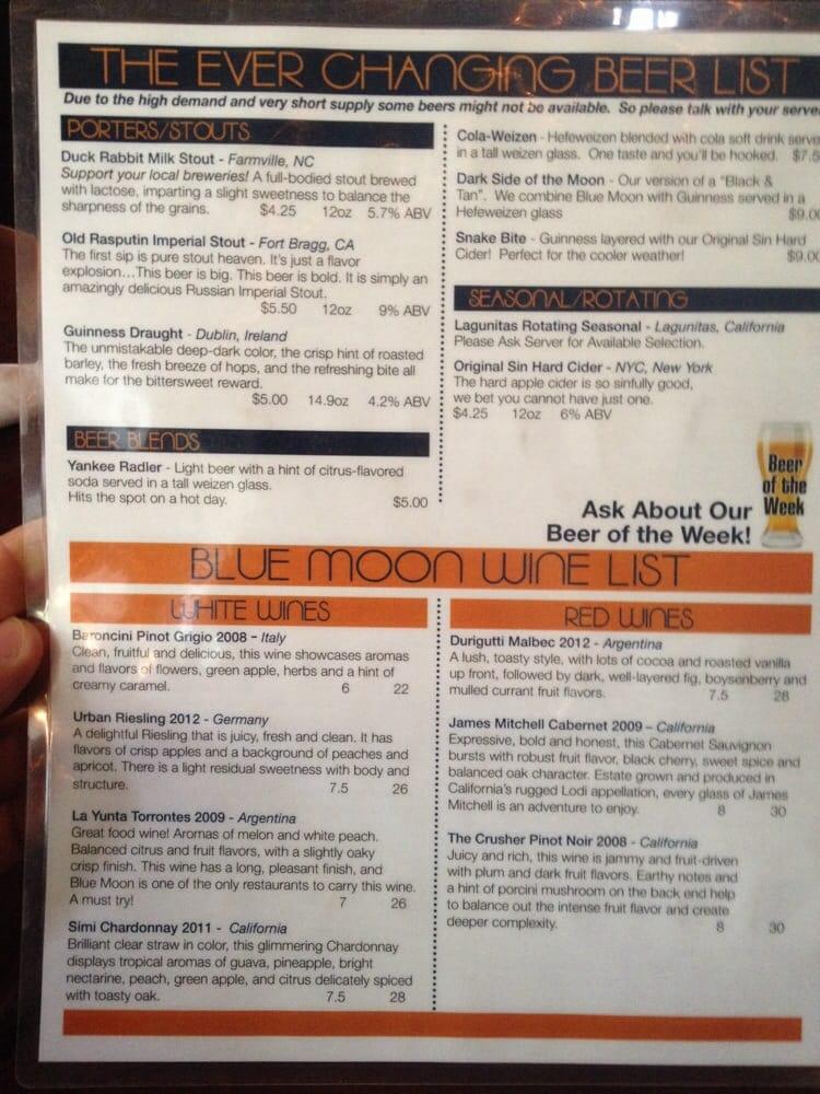 Menu at Blue Moon Cafe, Fayetteville
