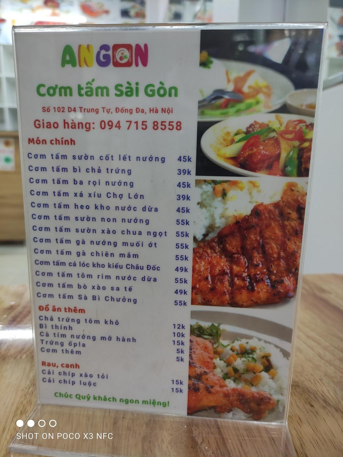 Menu at Cơm tấm Sài Gòn Angon restaurant, Hanoi, 102 D4 P. Đặng Văn Ngữ