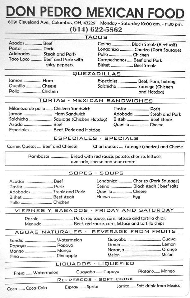 Menu at Don Pedro, Columbus