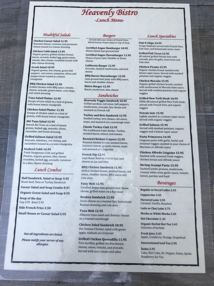 Menu at Heavenly Bistro cafe, Walnut Creek