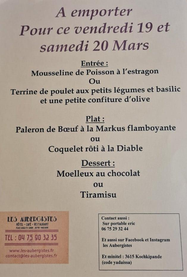 Menu au Les Aubergistes restaurant, Marsanne, Pl. Auguste Canon