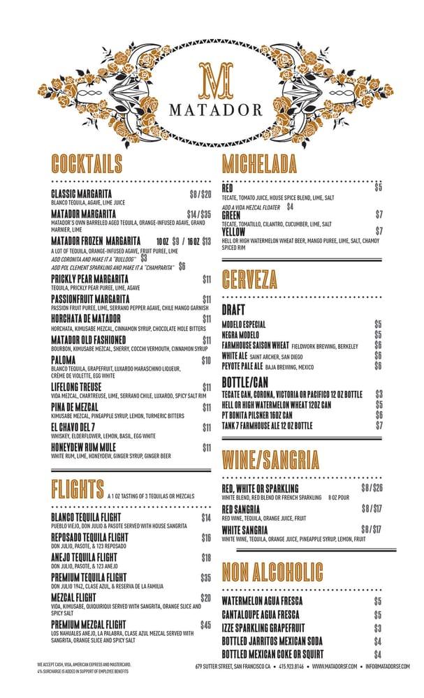 Menu at Matador pub & bar, San Francisco, 679 Sutter St