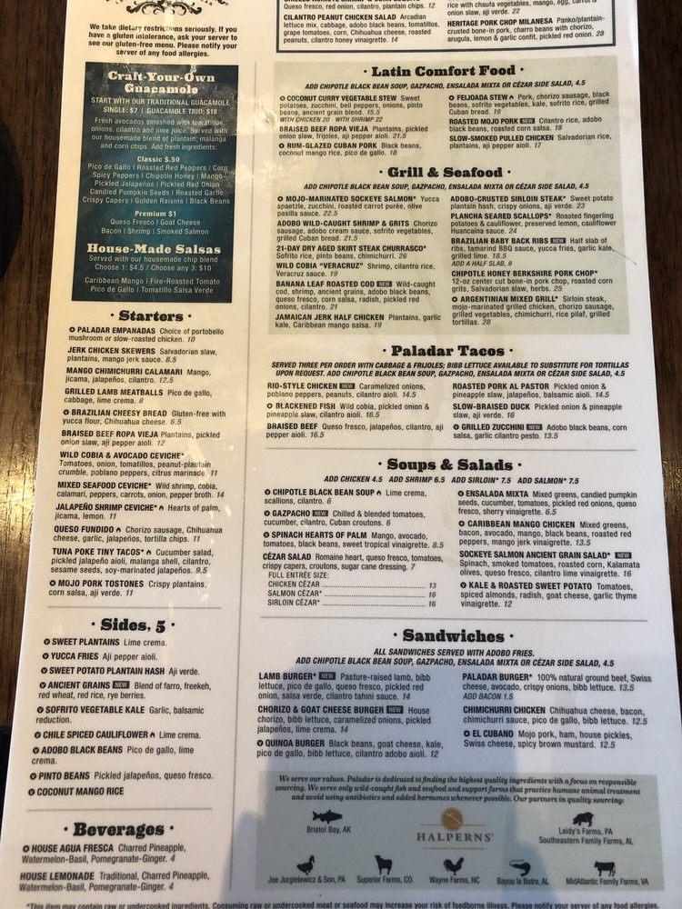 Menu at Paladar Latin Kitchen Cleveland restaurant, Woodmere