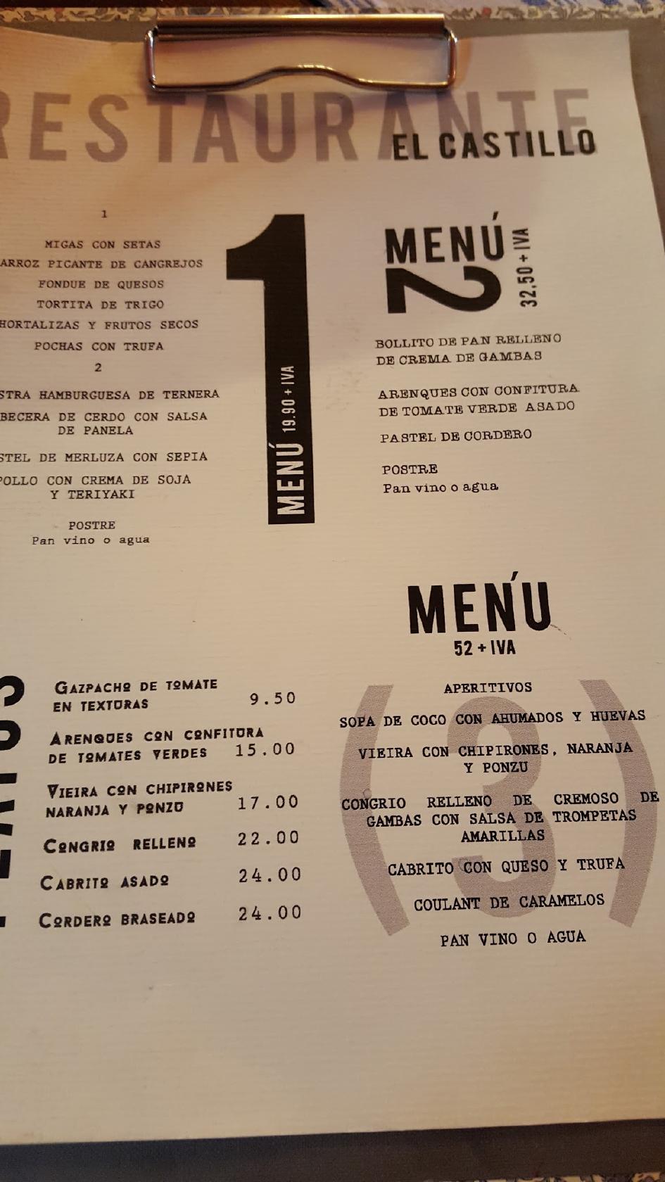 Carta de Restaurante El Castillo, Molina de Aragón, Calle San Felipe