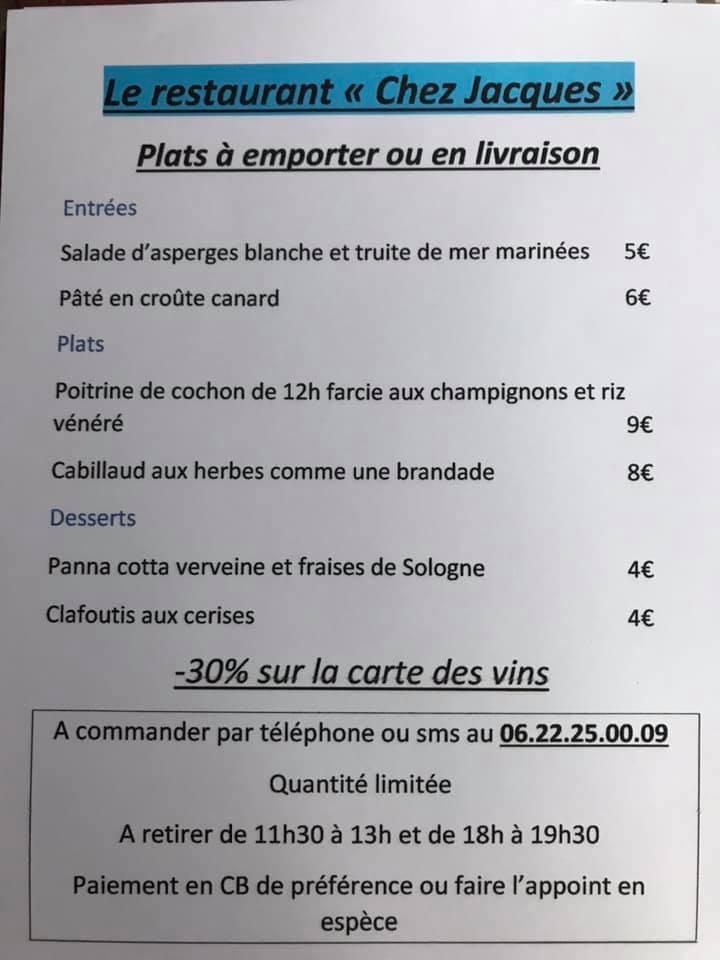 Menu au Chez Jacques pub et bar, Bracieux