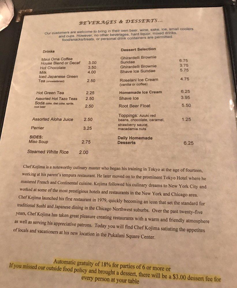 Menu at Kojima's Sushi and Japanese cuisine restaurant, Pukalani