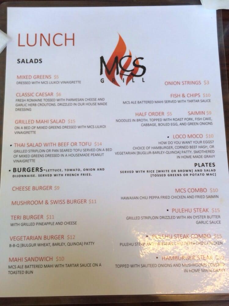 Carta del restaurante MCS Grill, Hanapepe