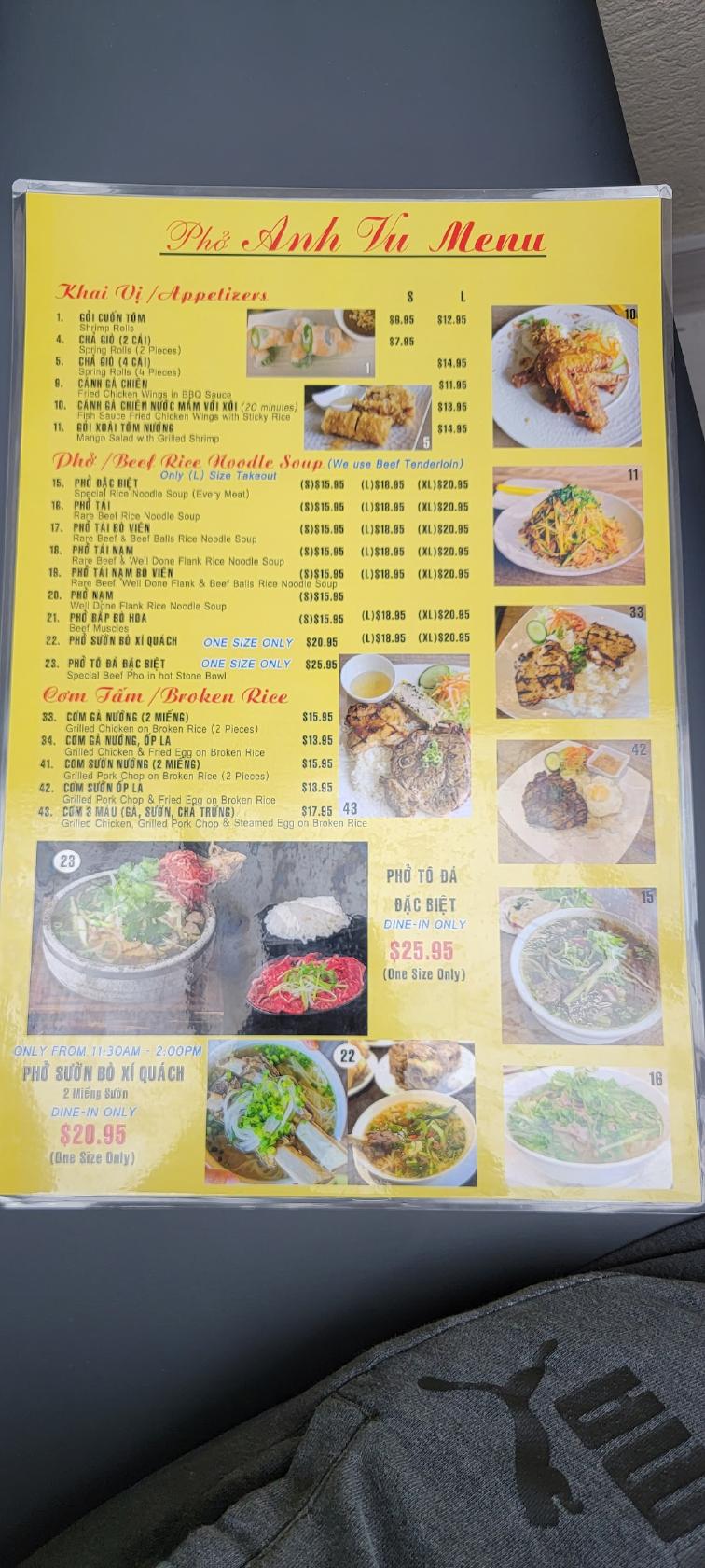 Menu at Pho Anh Vu restaurant, Richmond Hill