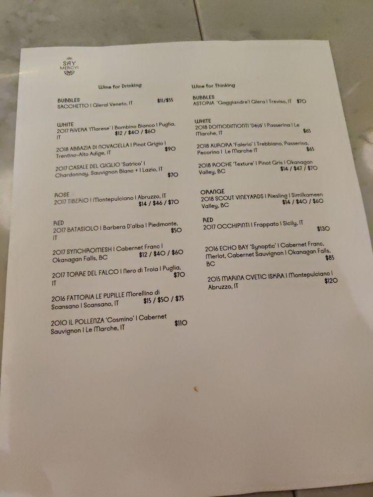Menu at Say Mercy! restaurant, Vancouver, Fraser St