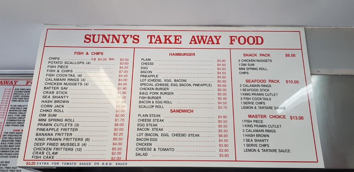 Menu at Sunny's Takeaway fast food, Chifley