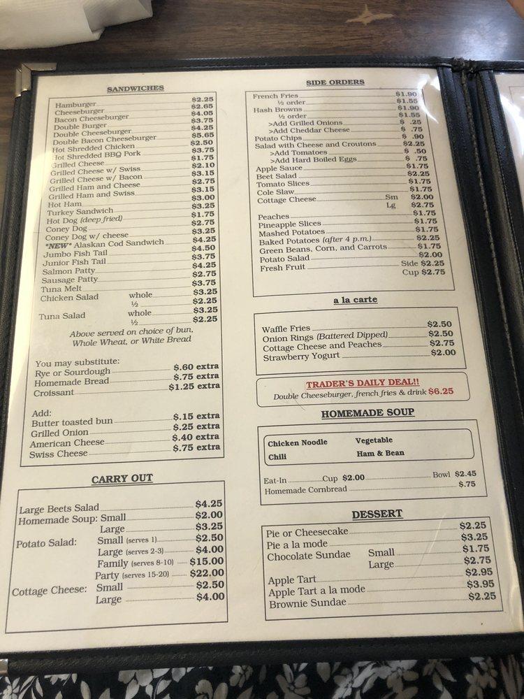 Menu at Trader's Cafe, Lancaster