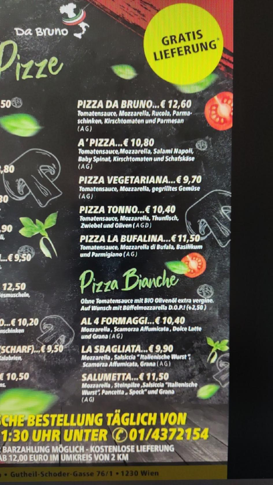 Speisekarte von Da Bruno Pizzeria Ristorante & Gelateria, Wien
