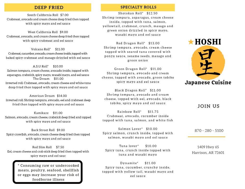 Menu at Hoshi Japanese Cuisine restaurant, Harrison