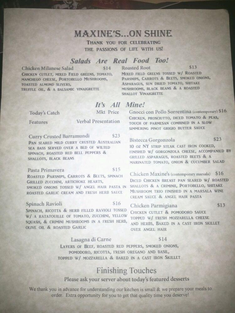 Menu at Maxine's On Shine pub & bar, Orlando