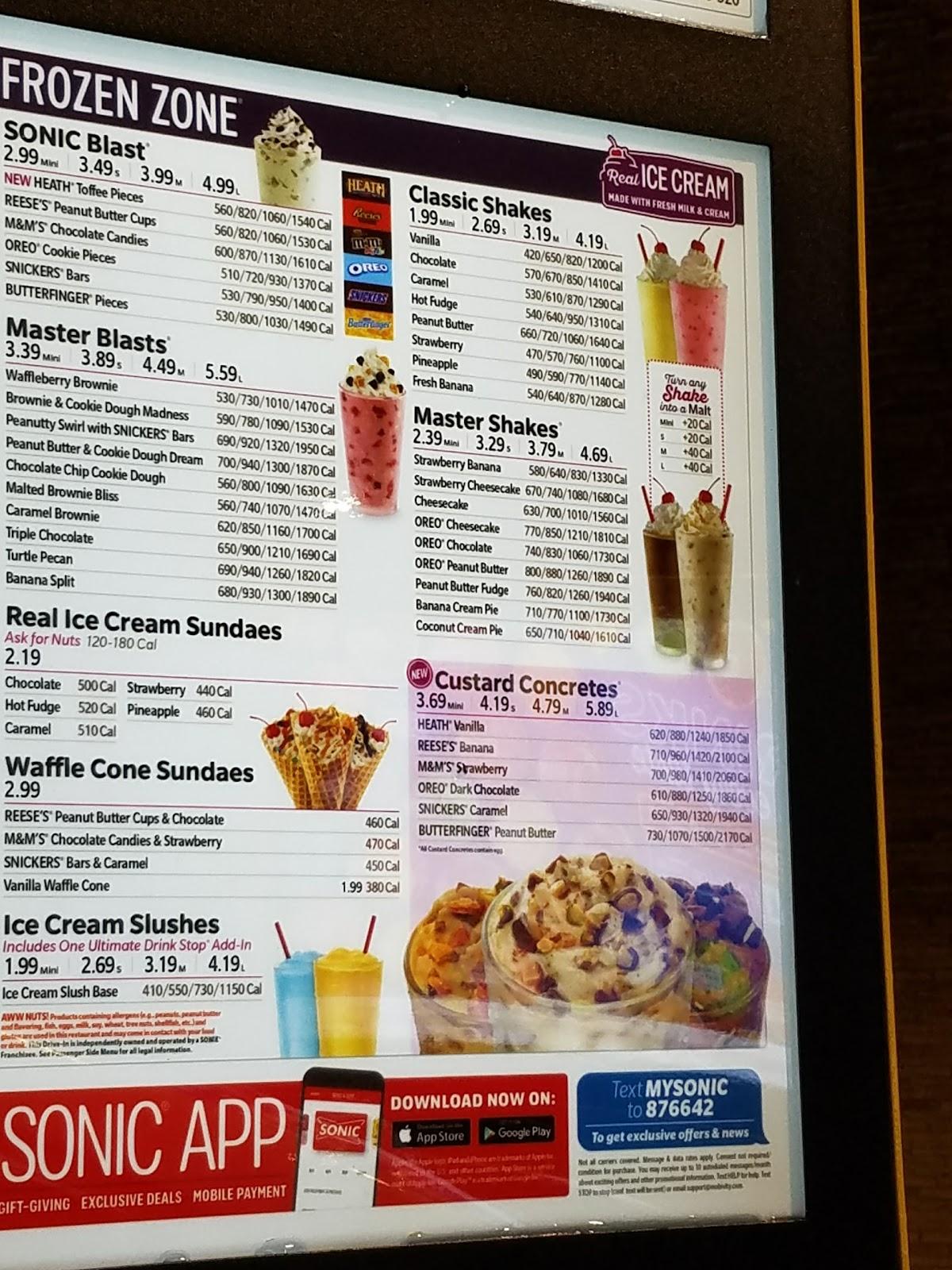Menu at Sonic Drive-In fast food, Hagerstown, Dual Hwy