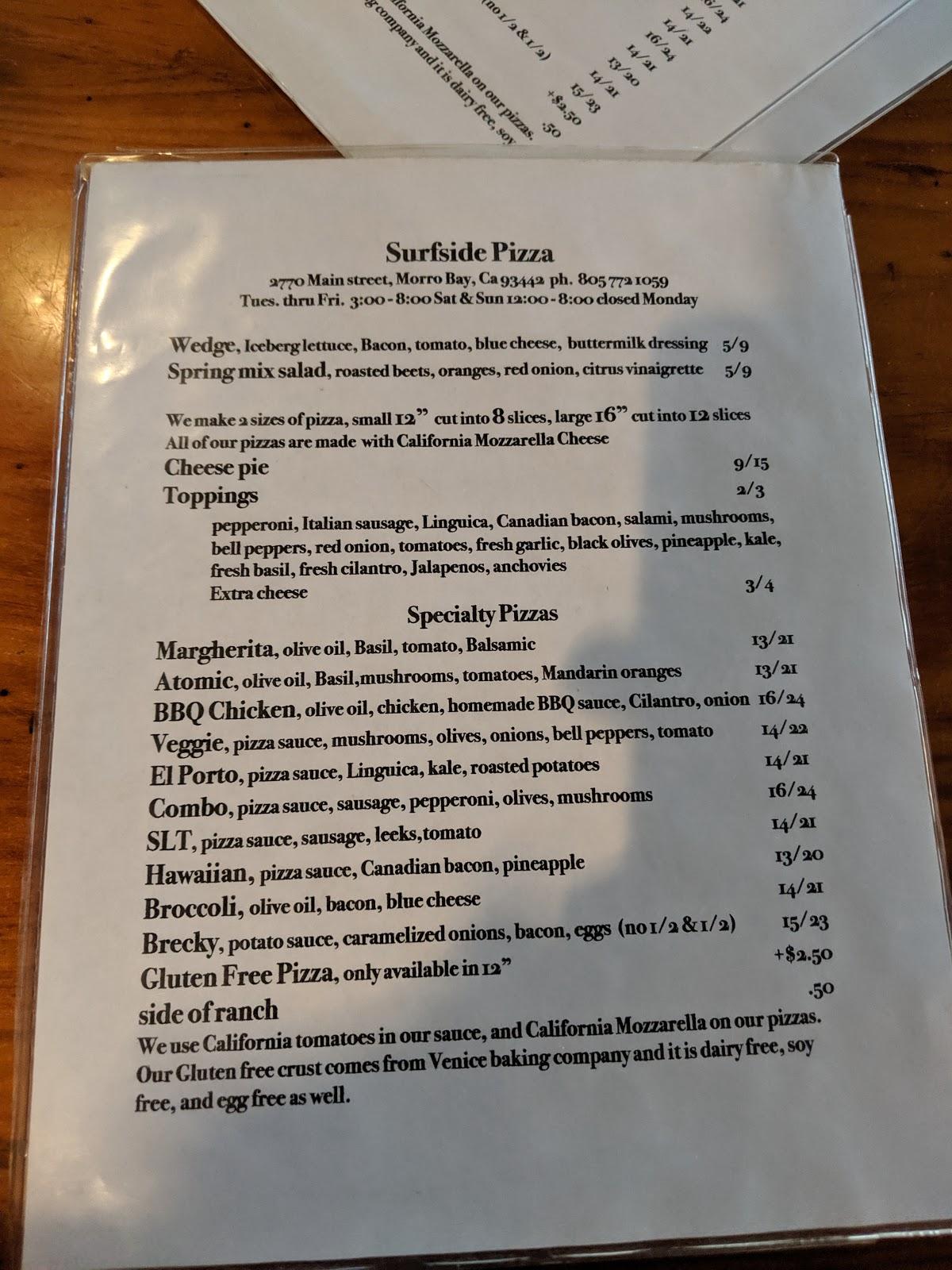 Menu at Surfside Pizza pizzeria, Morro Bay