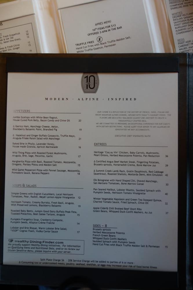 Menu at The 10th restaurant, Vail, Main Vail