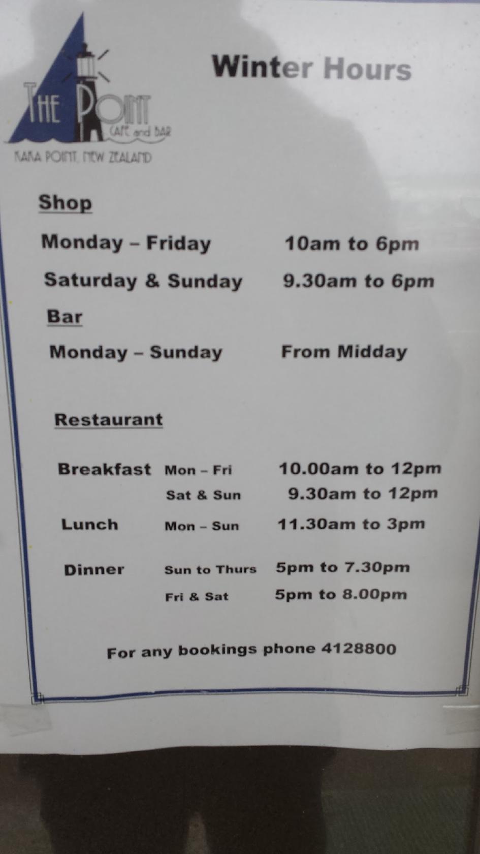 Menu at The Point Cafe, Bar, and Shop, Kaka Point