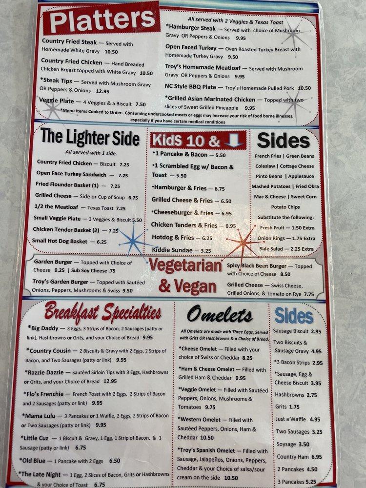 Menu at Troy's 105 Diner restaurant, Boone
