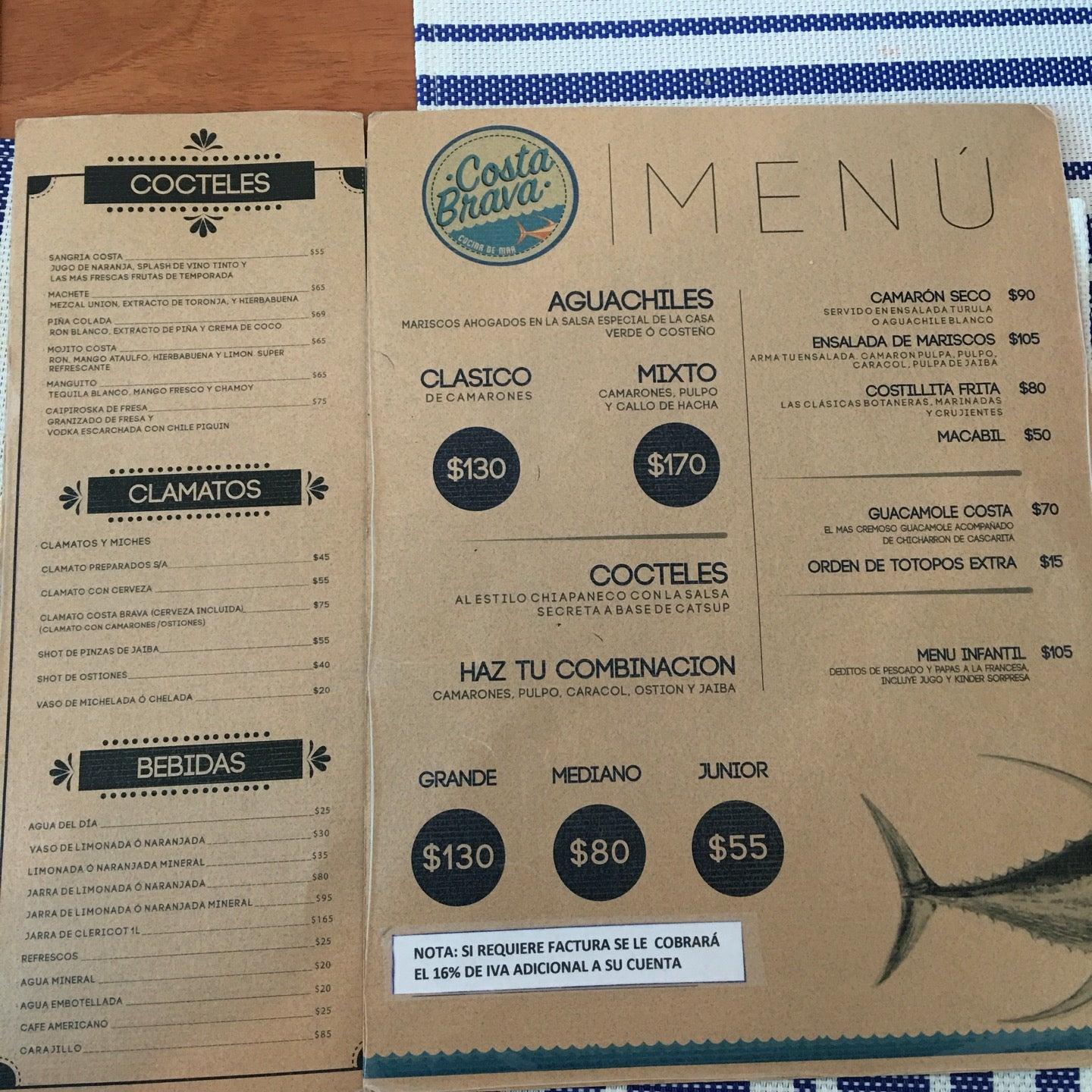Menu at Costa Brava Marisco restaurant, Tuxtla Gutiérrez, 17 Avenida ...