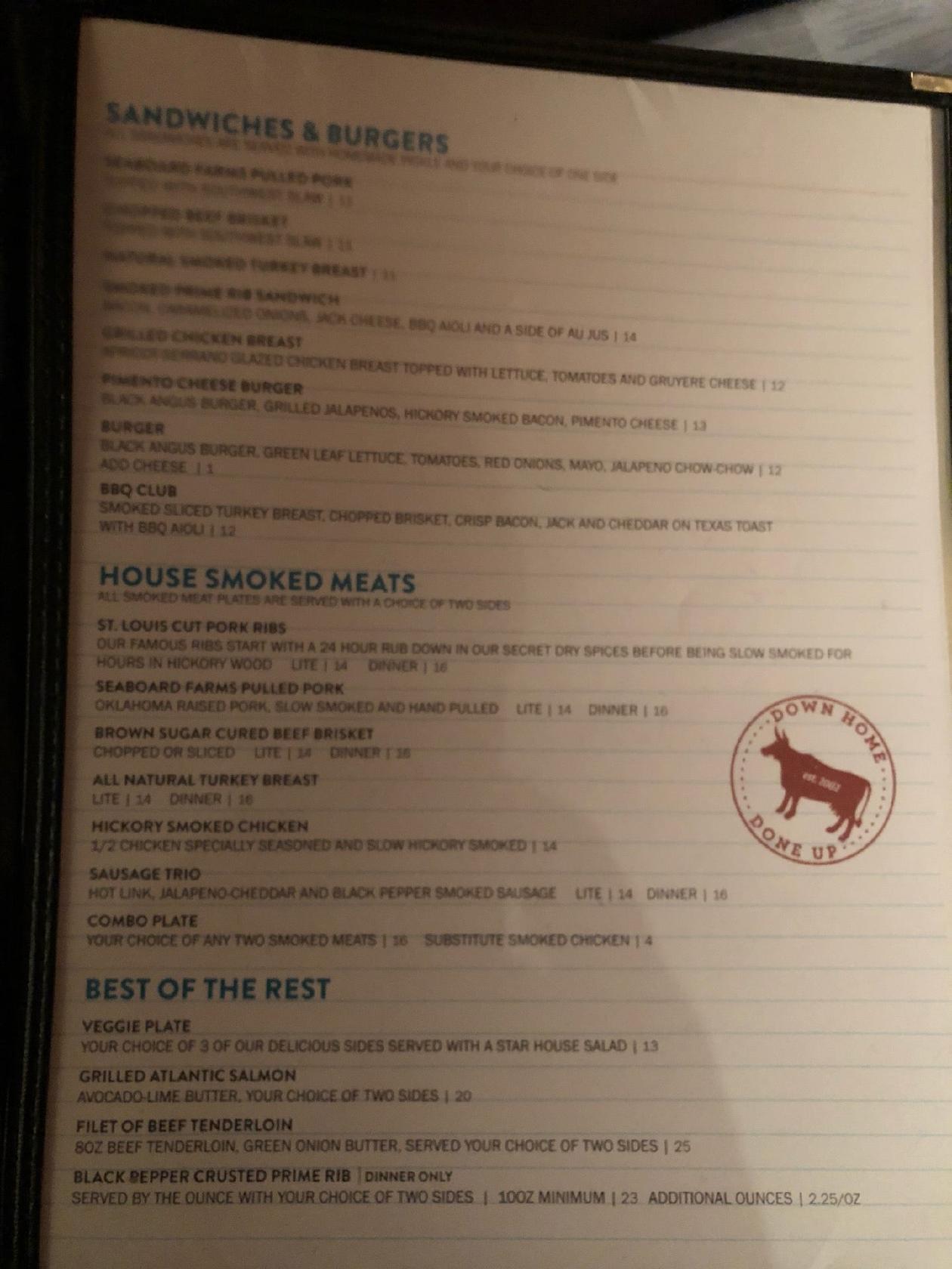 Menu at Iron Star Urban Barbecue, Oklahoma City