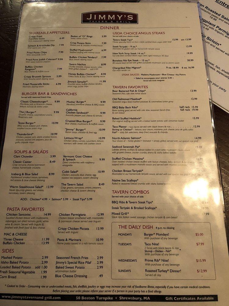 Menu at Jimmy's Tavern & Grill steakhouse, Shrewsbury
