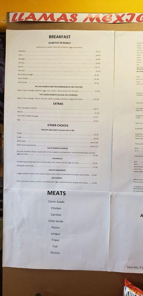 Menu at Llamas Mexican Grill restaurant, Bakersfield