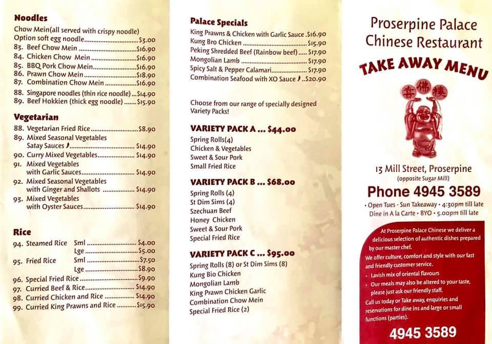 Menu at Proserpine Palace Chinese Restaurant, Proserpine