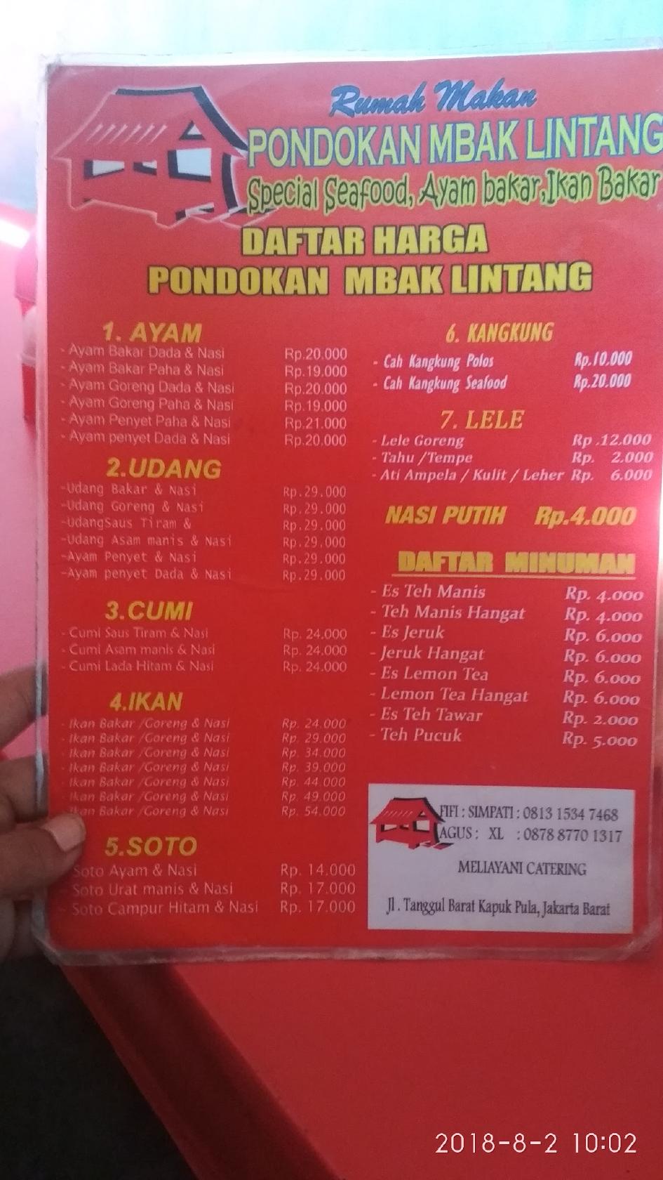 Menu at RM Mbak Lintang restaurant, West Jakarta