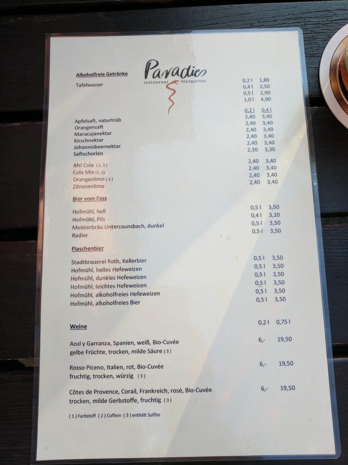 Speisekarte von Restaurant Paradies, Nürnberg, Poppenreuther Str. 21
