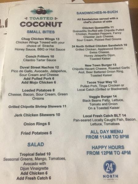 Menu at Toasted Coconut pub & bar, Key West
