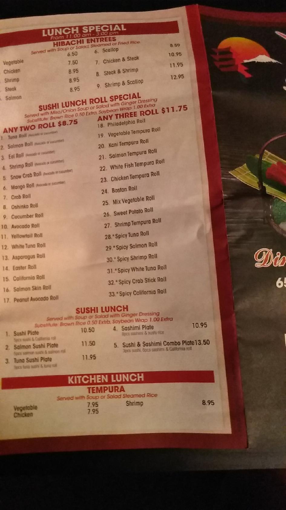 Menu at Yamazaki Sushi and Hibachi restaurant, Columbus
