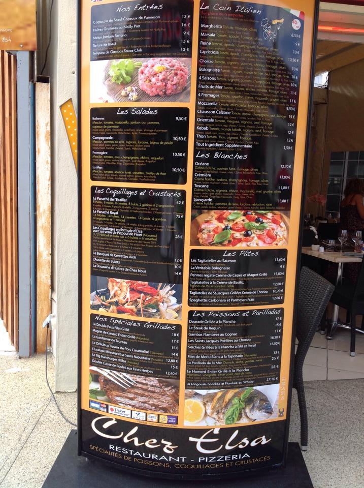 Menu at Chez elsa restaurant, Marseillan