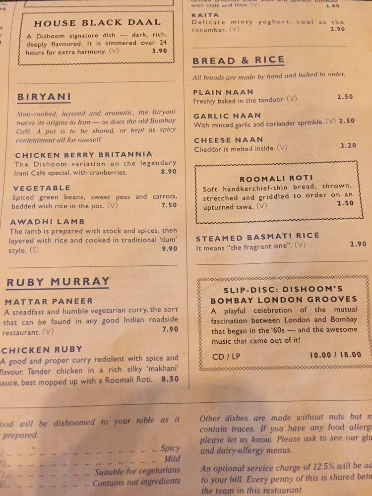 Menu at Dishoom Carnaby restaurant, London, 22 Kingly St