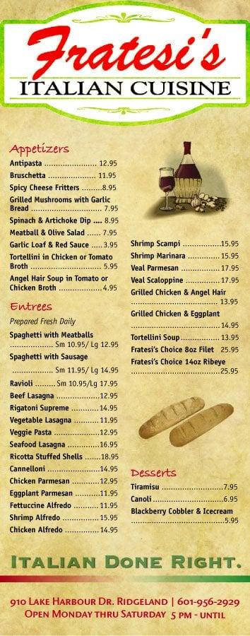 Menu at Fratesi's restaurant, Ridgeland