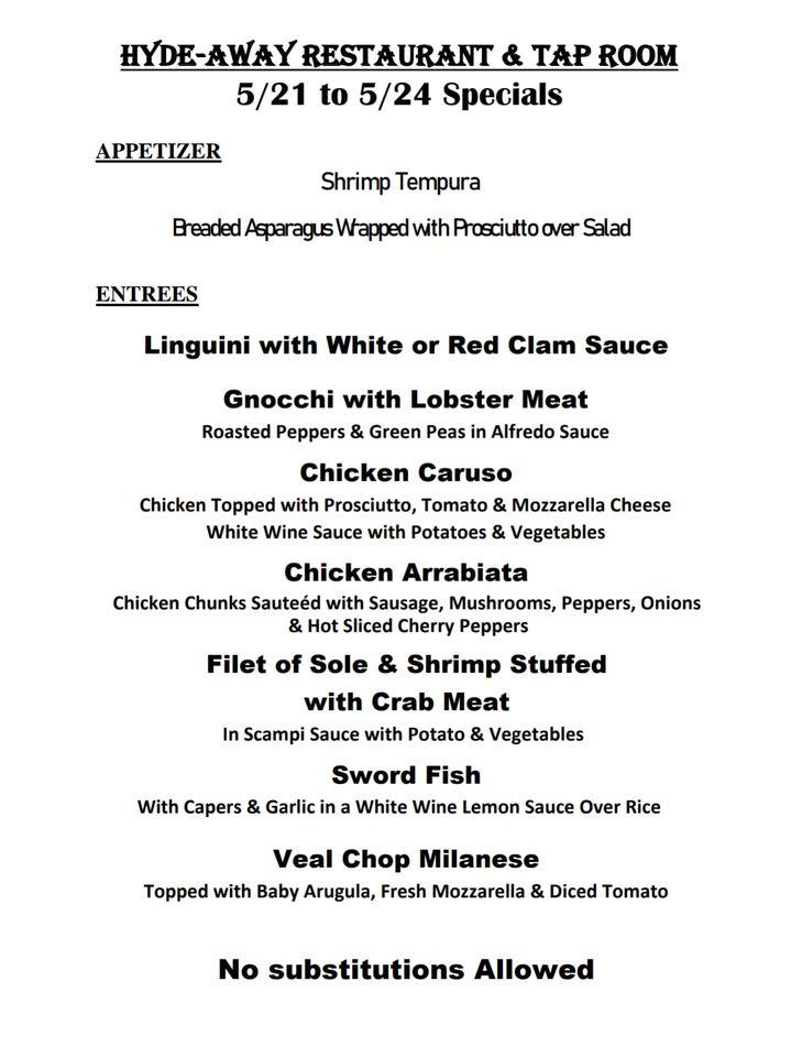 Menu at Hyde-Away Restaurant & Tap Room, Fredon Township