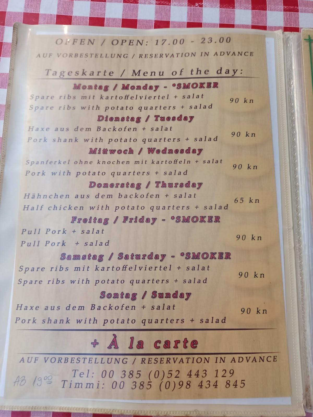 Menu at Ines & Hans Biergarten restaurant, Tar