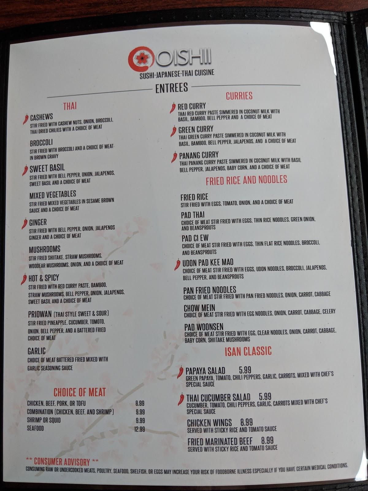 Menu at Oishii Japanese Thai Restaurant, Clovis
