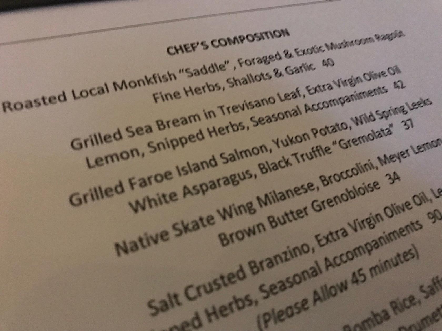 Menu at Ostra restaurant, Boston