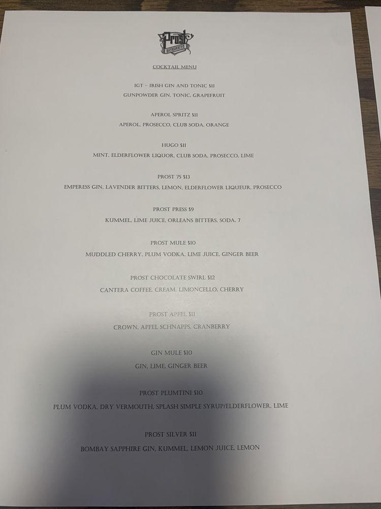 Menu at Prost Biergarten restaurant, Reno