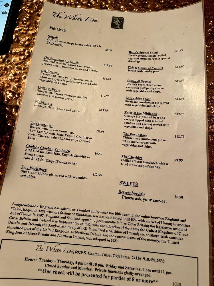 Menu at White Lion Pub, Tulsa, S Canton Ave