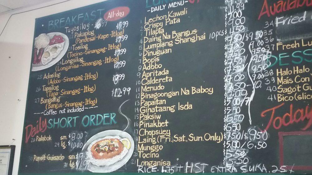 Menu at Aling Ening Restaurant, Vancouver