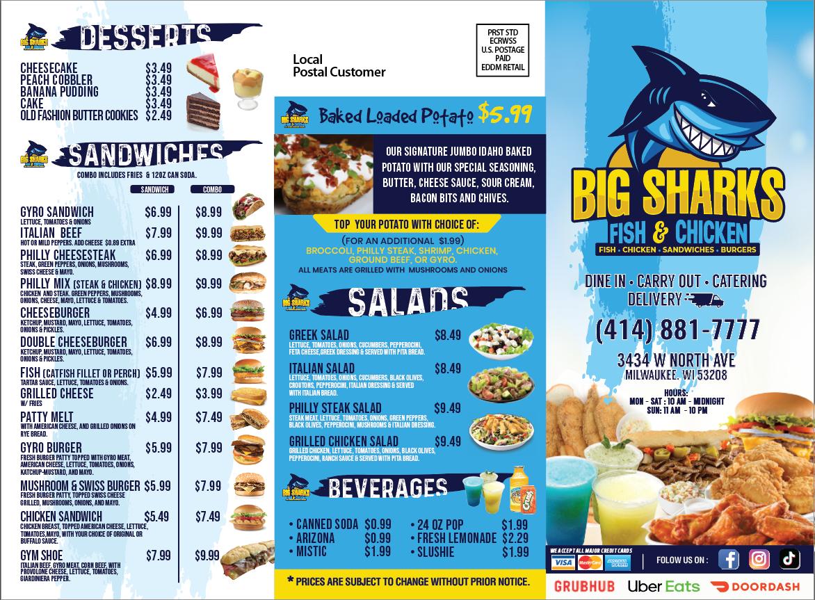 Menu at Big Sharks fish and chicken restaurant, Milwaukee