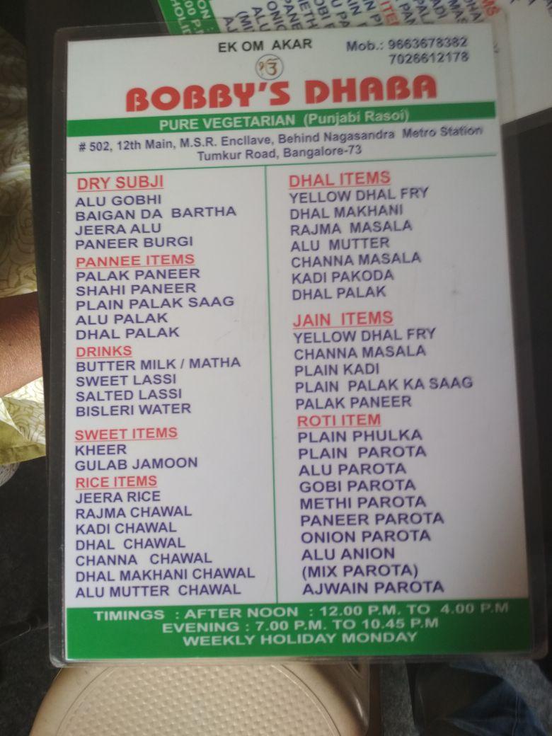 Menu at Bobby's Punjabi Dhaba, Bengaluru, #502