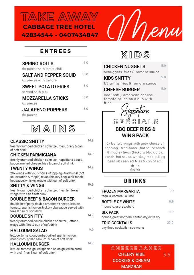 Menu at Cabbage Tree Hotel pub & bar, Fairy Meadow