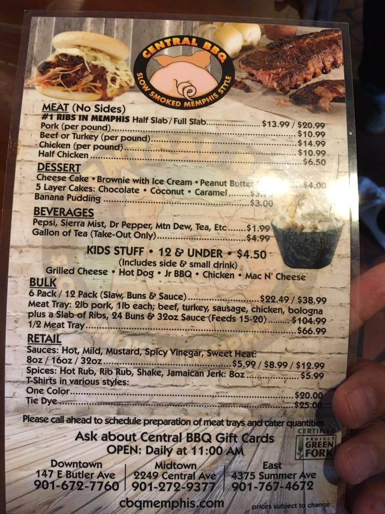 Menu at Central BBQ - Downtown, Memphis, 147 E Butler Ave